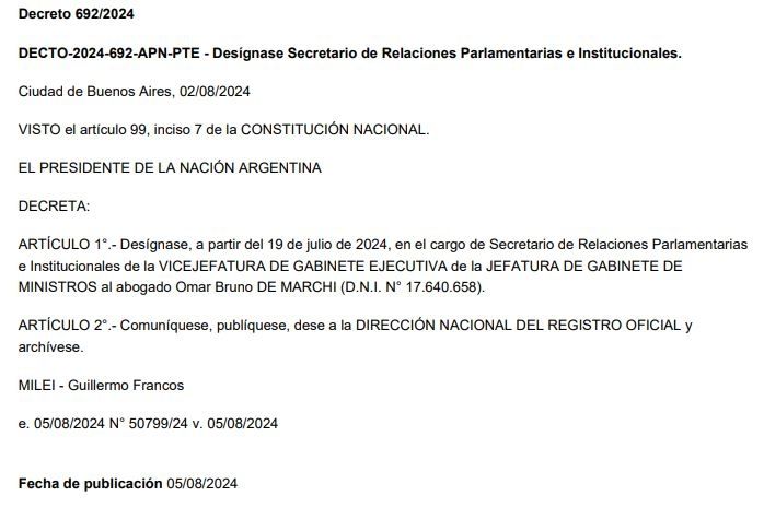 De Marchi pasó el temporal y fue ratificado como funcionario de Milei