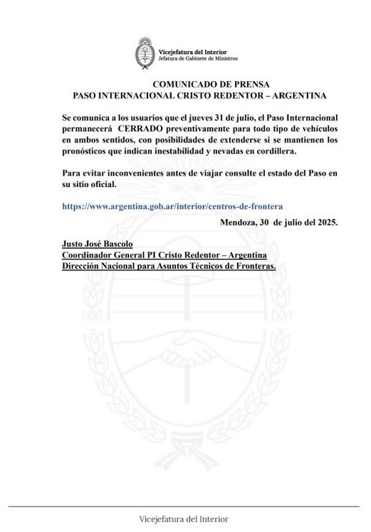 El paso a Chile estará cerrado este jueves: ¿cuándo reabrirá?