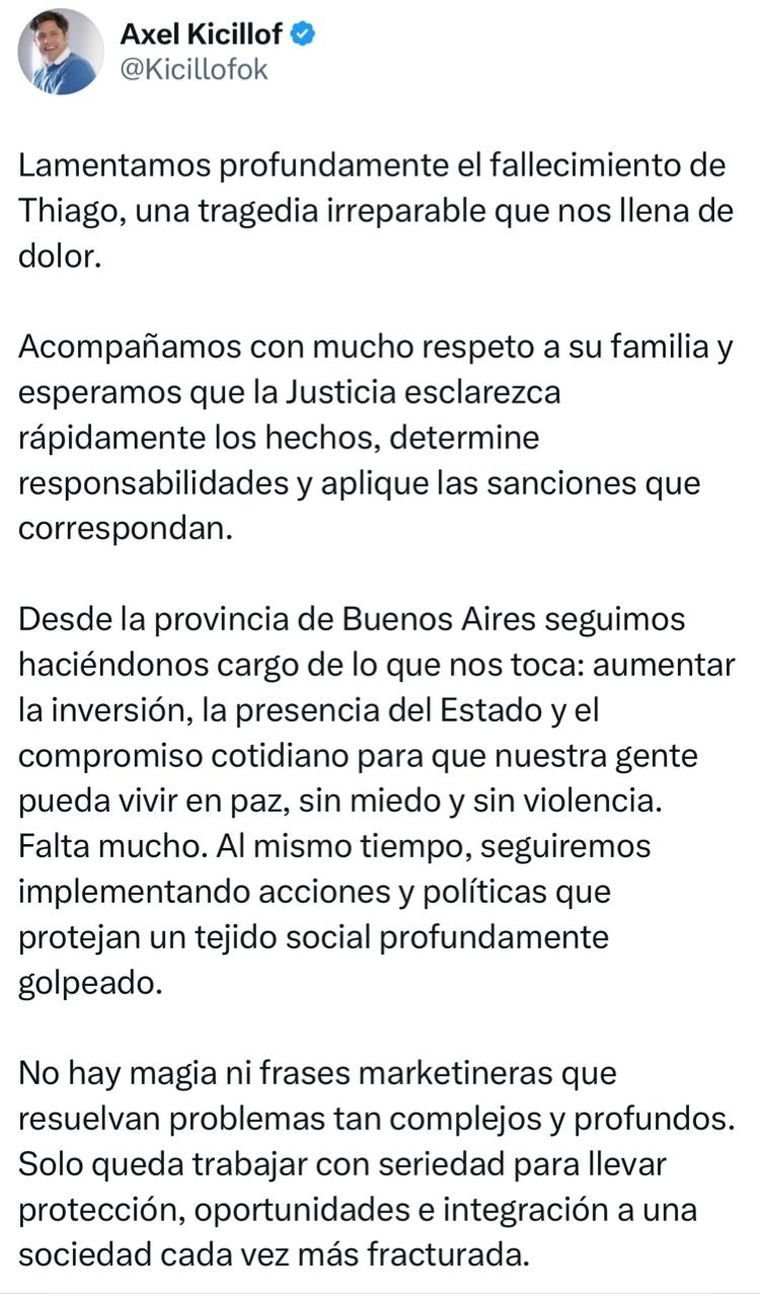 Axel Kicillof se pronunció sobre la muerte de Thiago Correa: Tragedia irreparable